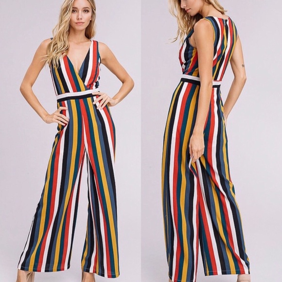 Pants & Jumpsuits | Multi Color Striped Vneck Jumpsuit | Poshmark